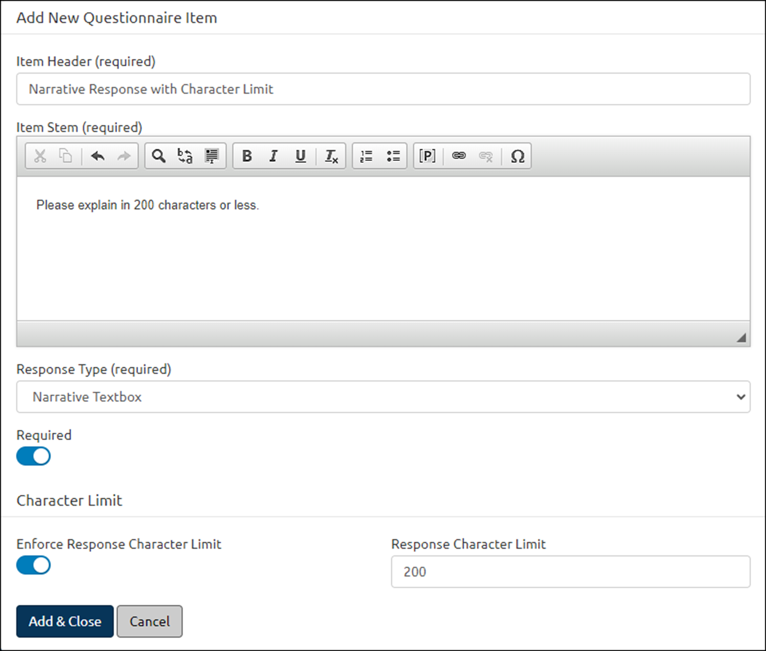 Setting a character limit for a narrative response – Online Help