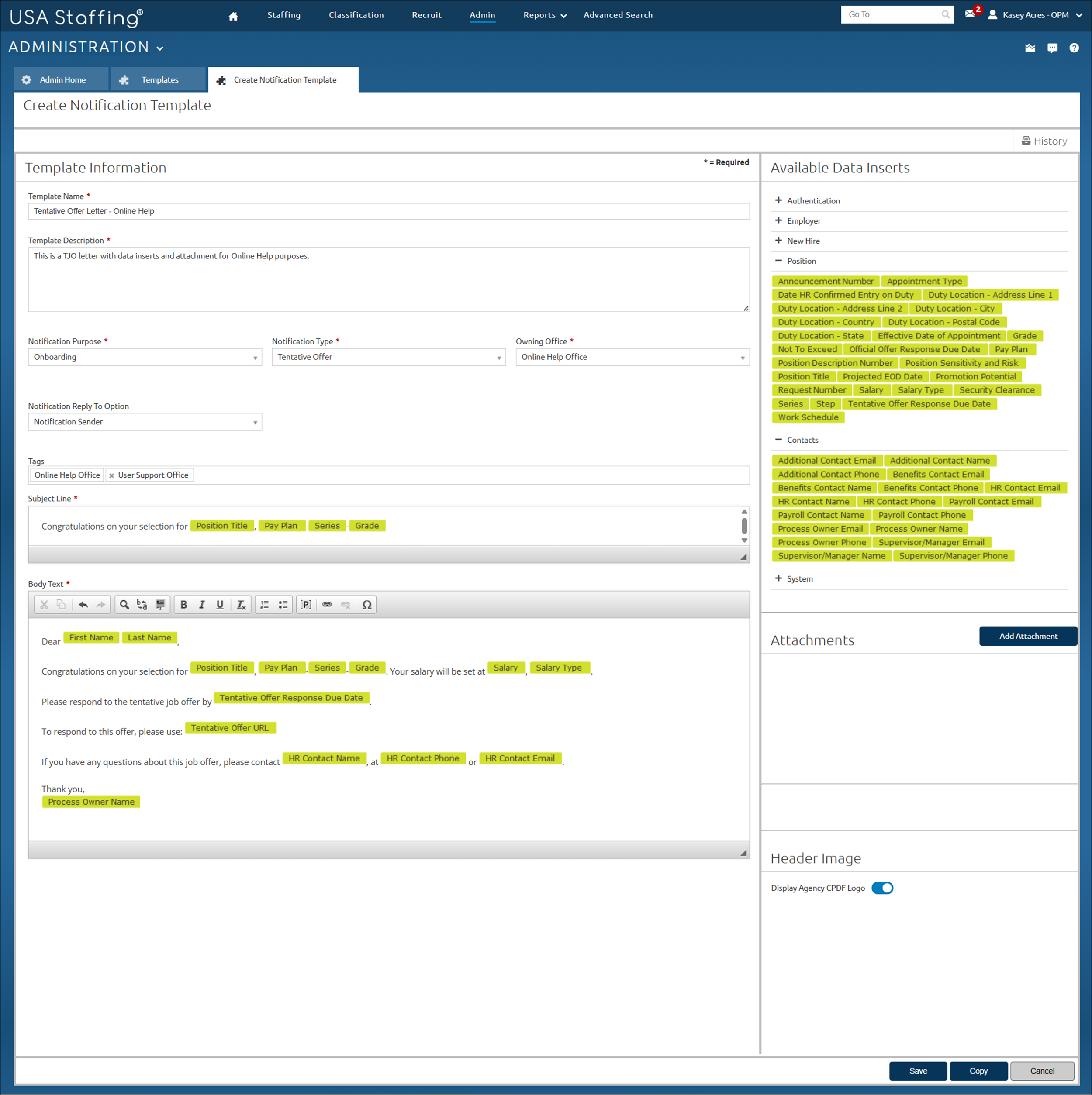 Adding available data inserts to a notification template – Online Help